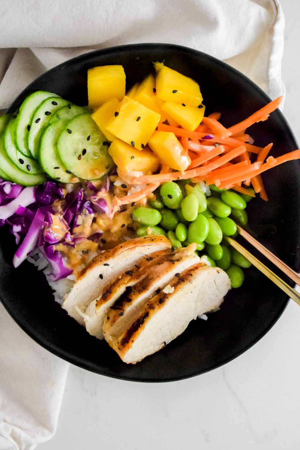 Mango, Chicken and Rice Bowls with Edamame and Spicy Peanut Sauce ...
